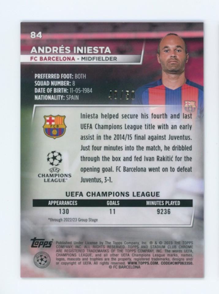 2022-23 Andres Iniesta Topps Stadium Club Chrome Gold Prism Refractor ...