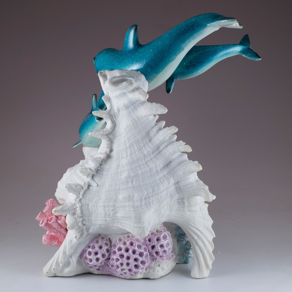 Blue Dolphins & Clown Fish Swimming Over LED Conch Shell Figurine ...