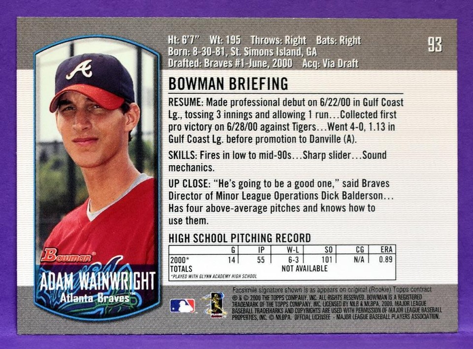 Adam Wainwright Atlanta Braves 2000 Bowman Baseball ROOKIE CARD (RC ...