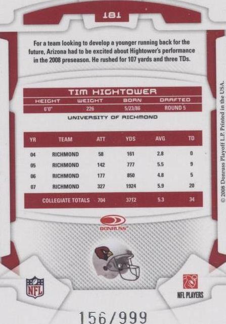 2008 Leaf Rookies & Stars Longevity Tim Hightower #181 for sale | eBay