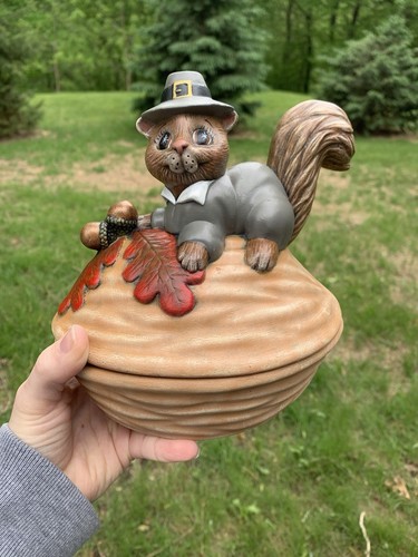 Ceramic Squirrel on Walnut/Nut Thanksgiving Candy Dish Bowl with Lid | eBay