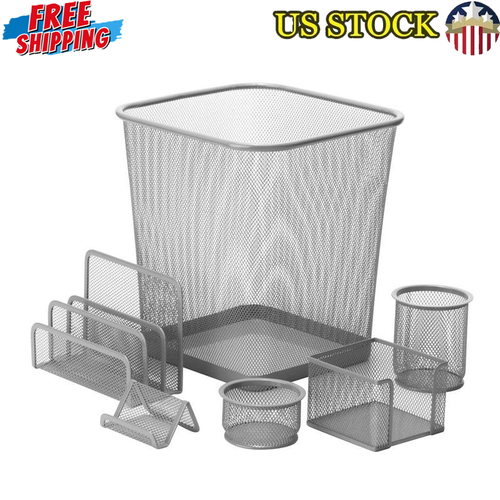 Steel Desk Organizer 6-Piece Set Silver Mesh Kit Stylish Office ...