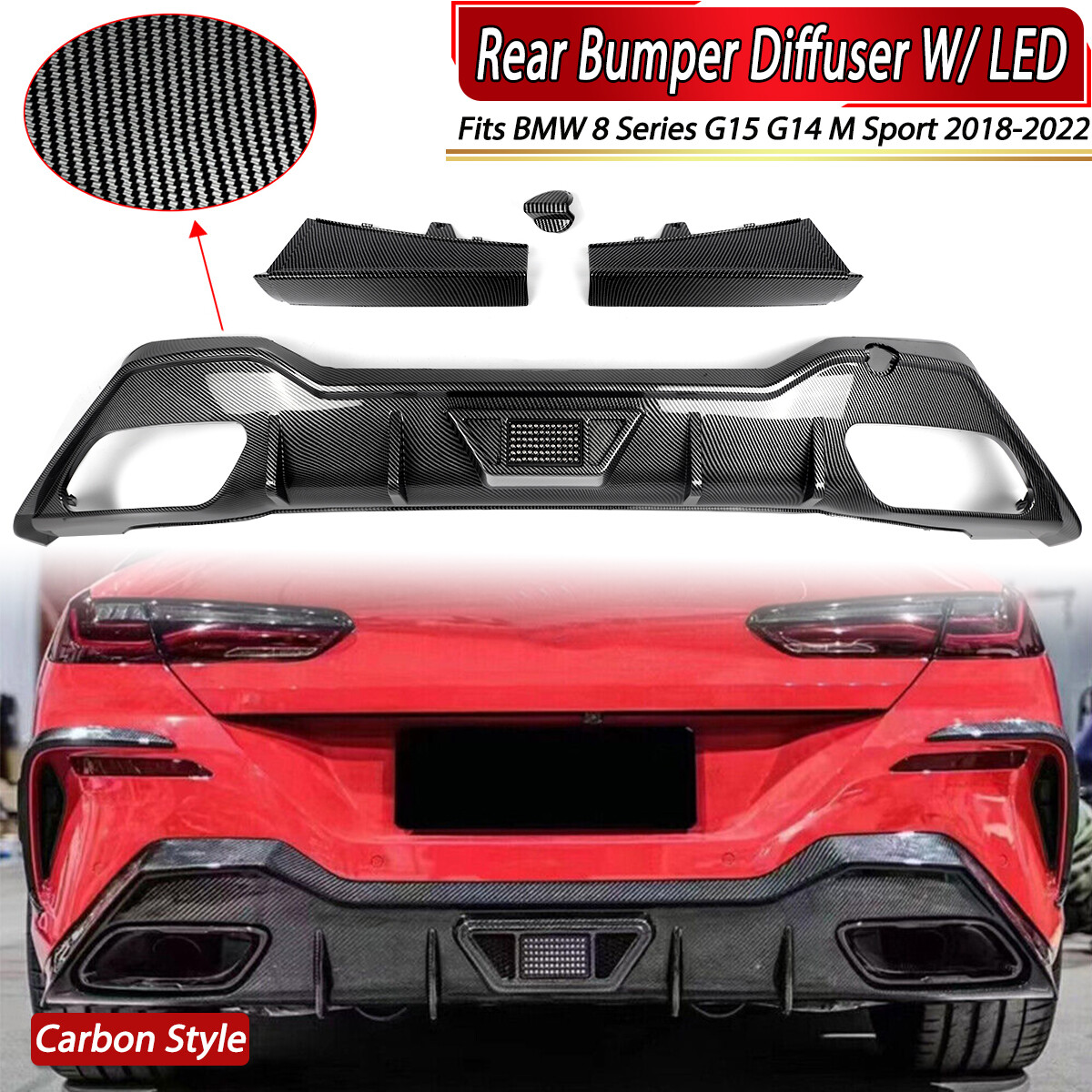 Carbon Look Rear Diffuser W/ LED For BMW M850i 840i G15 G14 Cabrio M ...