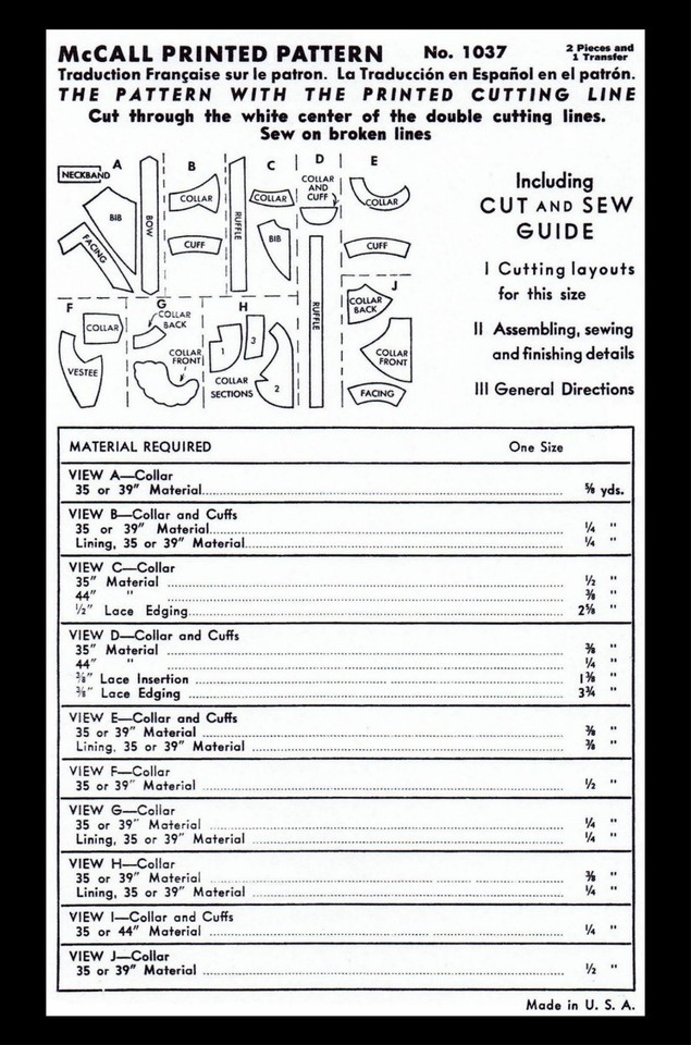 McCALL Pattern # 1037 10 Collar Jabot and Cuffs Fabric Sewing Patterns ...
