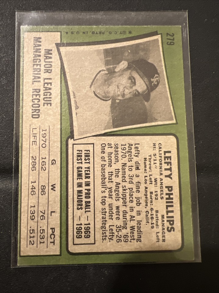 1971 Topps Baseball Card #279 Lefty Phillips - Low To Mid Grade - G/VG ...
