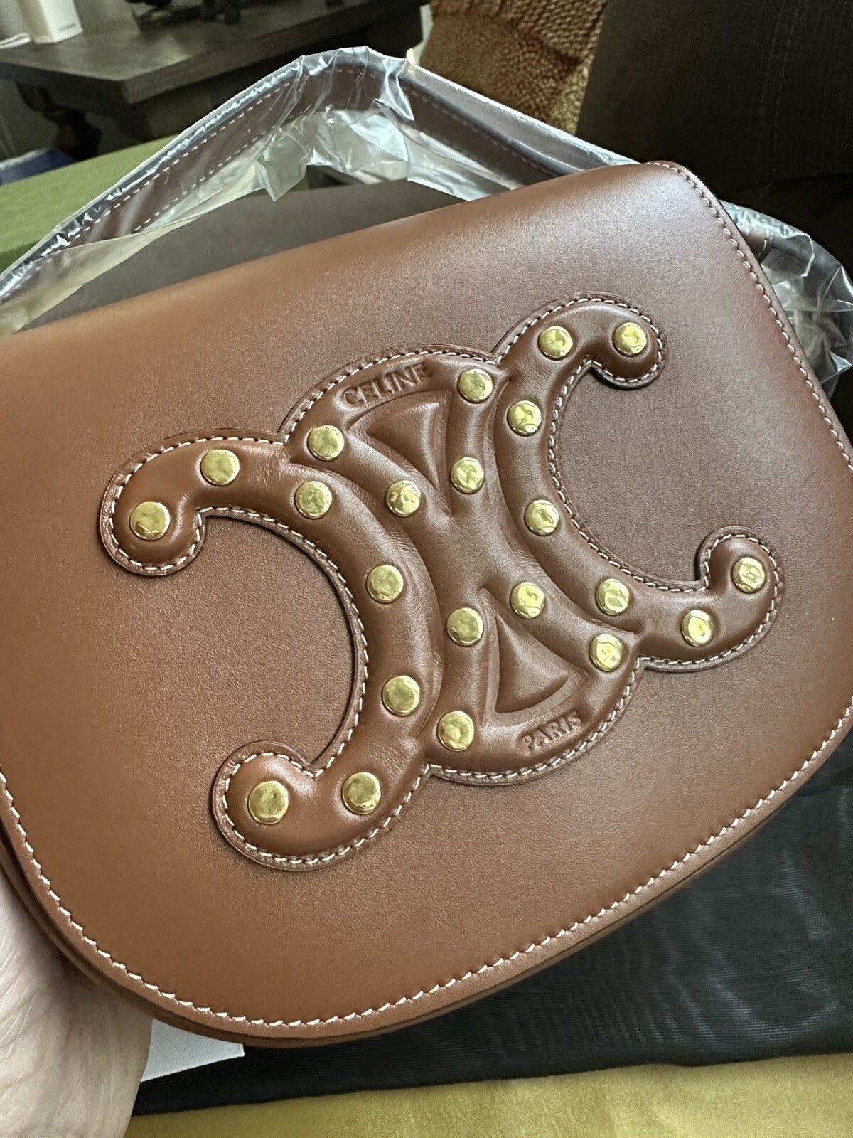 NWT Celine Stud Folco Cuir Triomphe in Smooth Calfskin Tan Leather ...