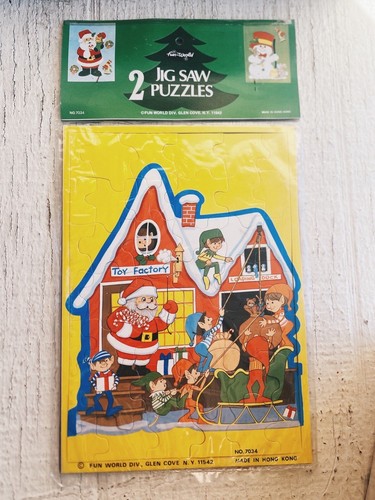 Vintage Fun World Christmas Jig Saw Puzzle 2 Pack Elves Santa Reindeer ...