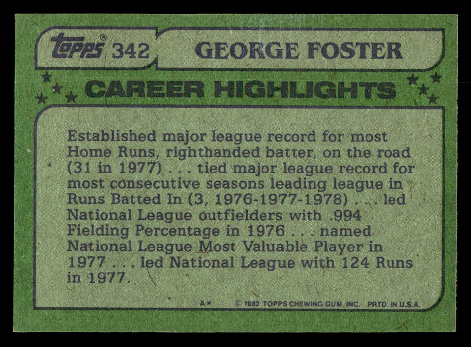 1982 Topps #342b George Foster Card Cincinnati Reds | eBay