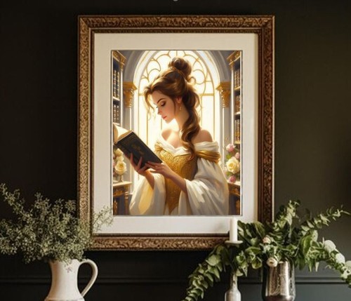 Belle Reading a book, Beauty & the Beast Vintage Painting Library Wall ...
