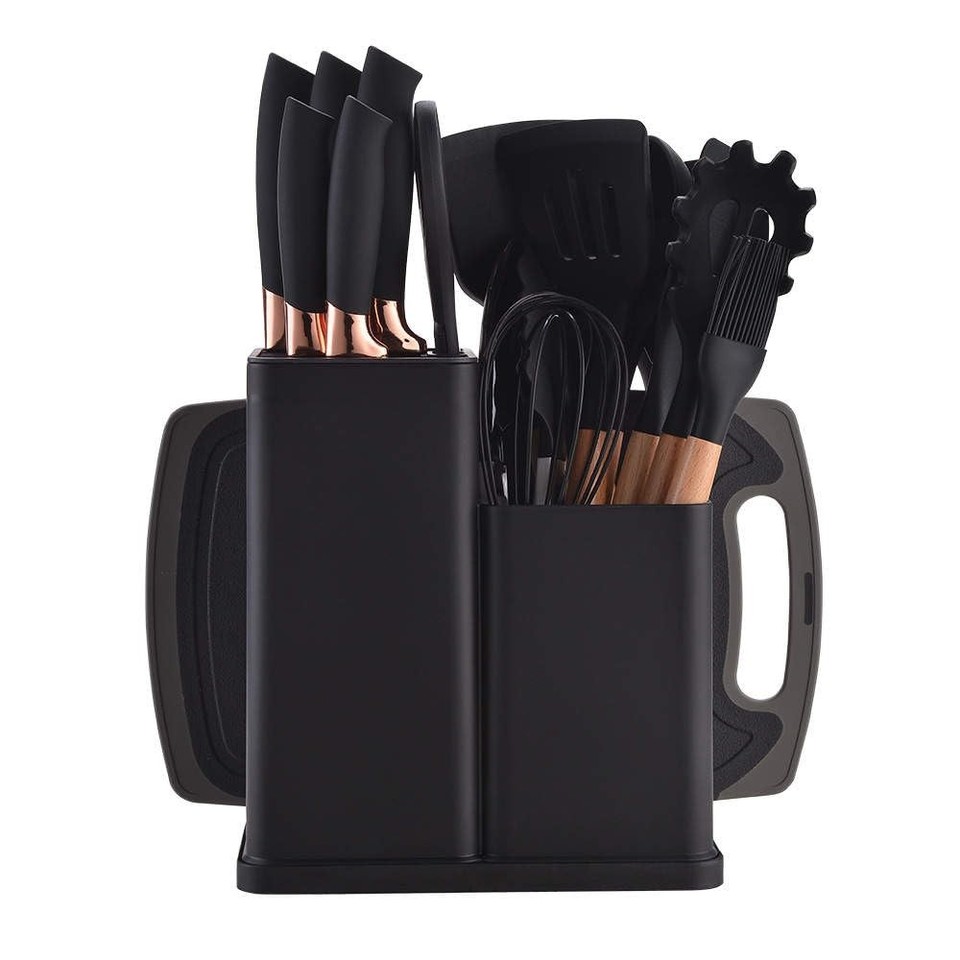 19-Piece Kitchen Utensil & Knife Block Set: 12 Non-Stick, Heat ...