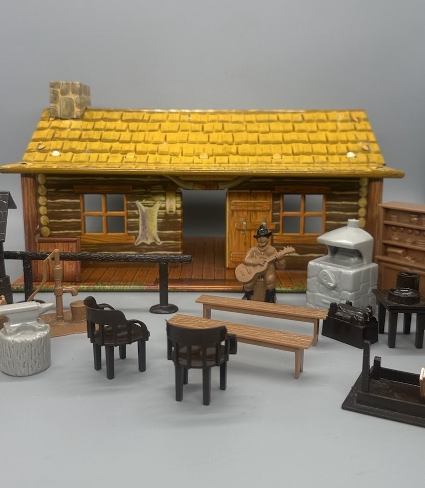 Vtg Roy Rogers Marx Play set BAR M RANCH Tin Litho Cabin w Accessories ...