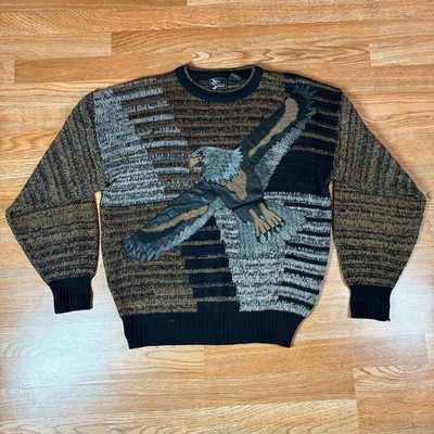 VTG 80s Alan Stuart Leather Eagle Sweater Mens Medium Brown Black ...