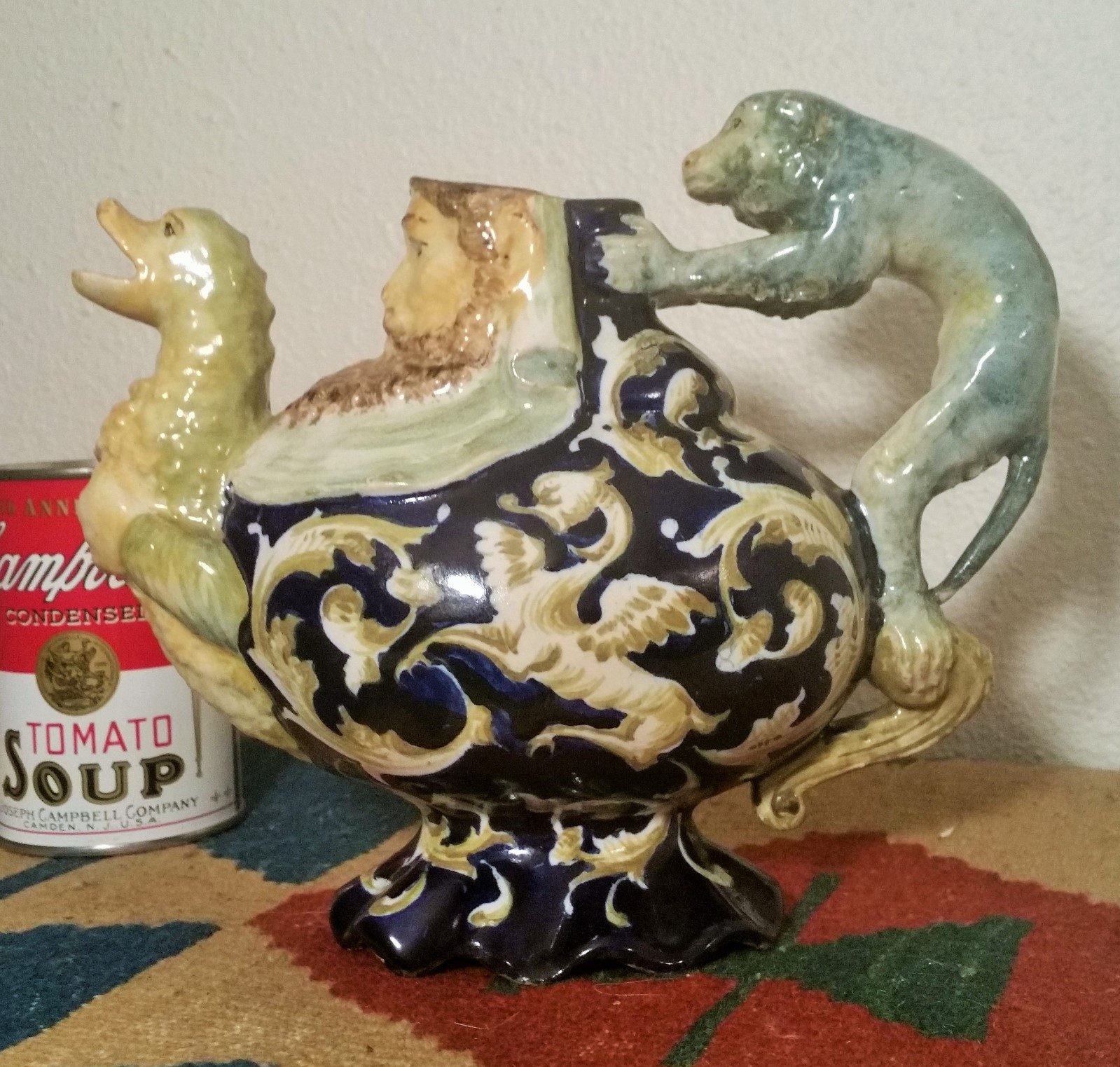 GROTESQUE ostrich teapot antique french faience gien majolica monkey ...