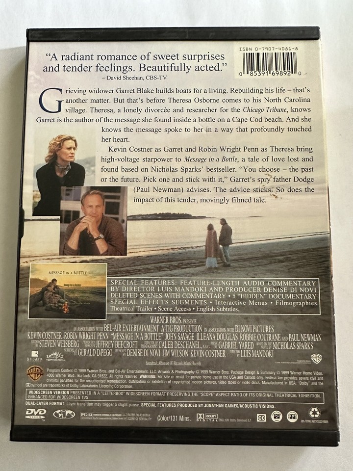 Message in a Bottle (DVD, 1999, Widescreen) Kevin Costner, Robin Wright ...