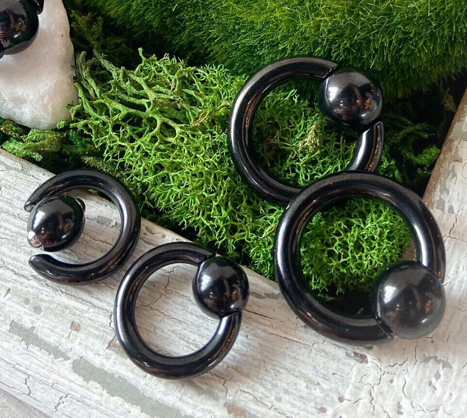 PAIR Black Plated Surgical Steel Spring-Loa ded Captive Bead Rings Easy ...