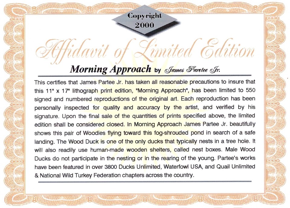 JAMES PARTEE JR. ART, WOOD DUCKS - MORNING APPROACH 11x17 L/E S/N ...