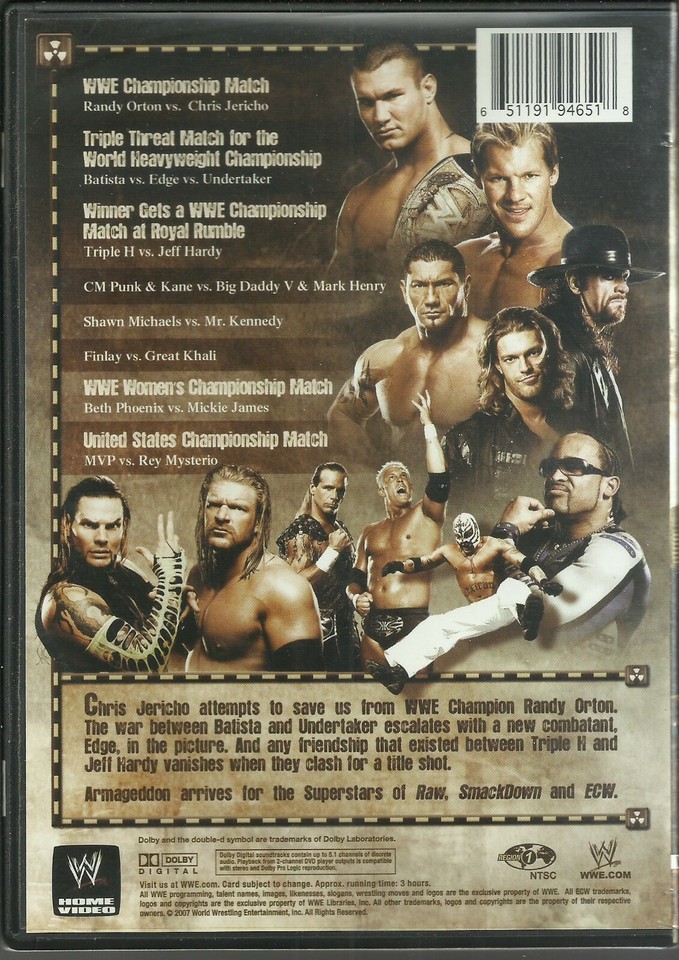 WWE Armageddon 2007 (DVD) Randy Orton, Chris Jericho, Batista, Edge, Undertaker 651191946518| eBay