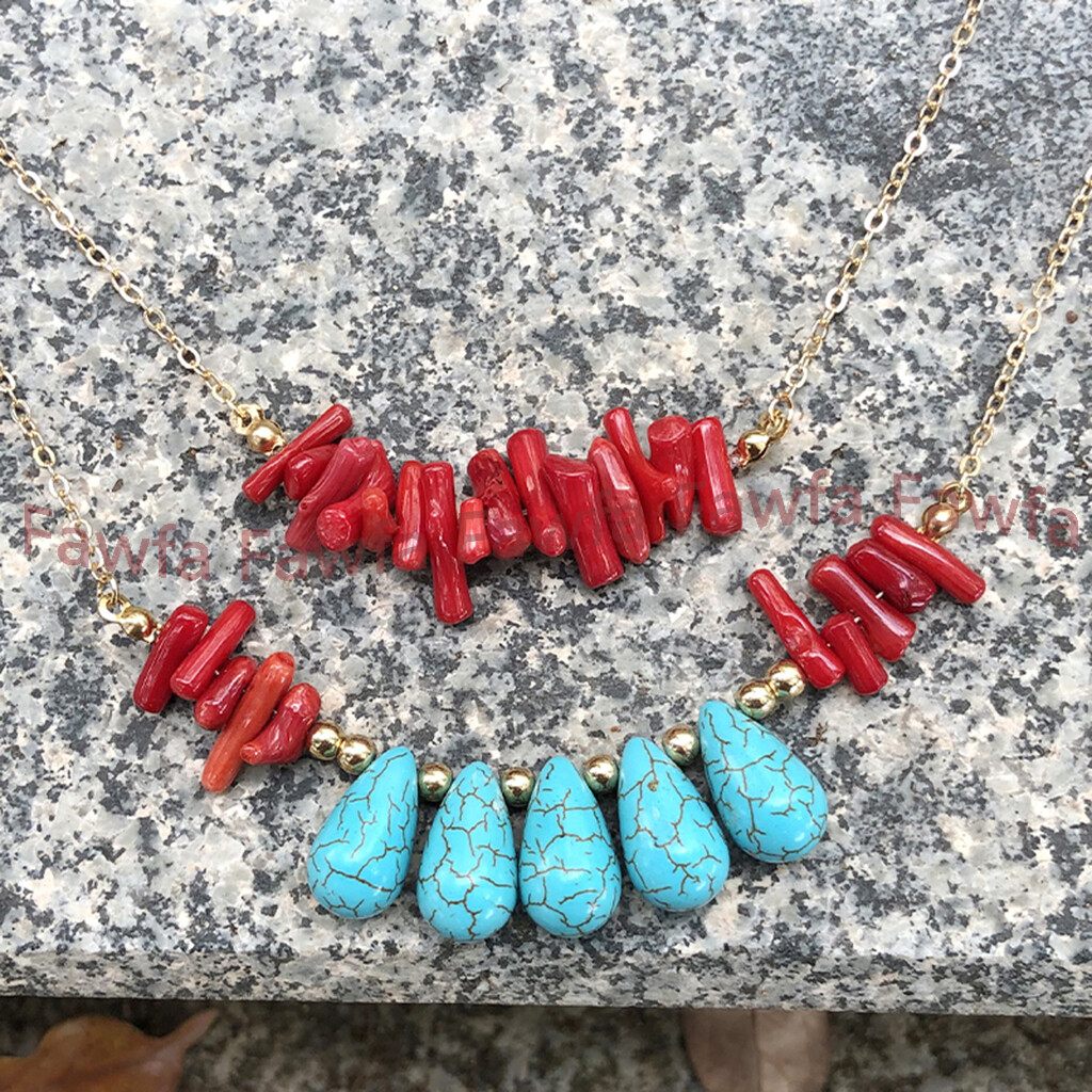 2 Row Natural Red Coral Irregular Chips & Teardrop Turquoise Gems Beads ...
