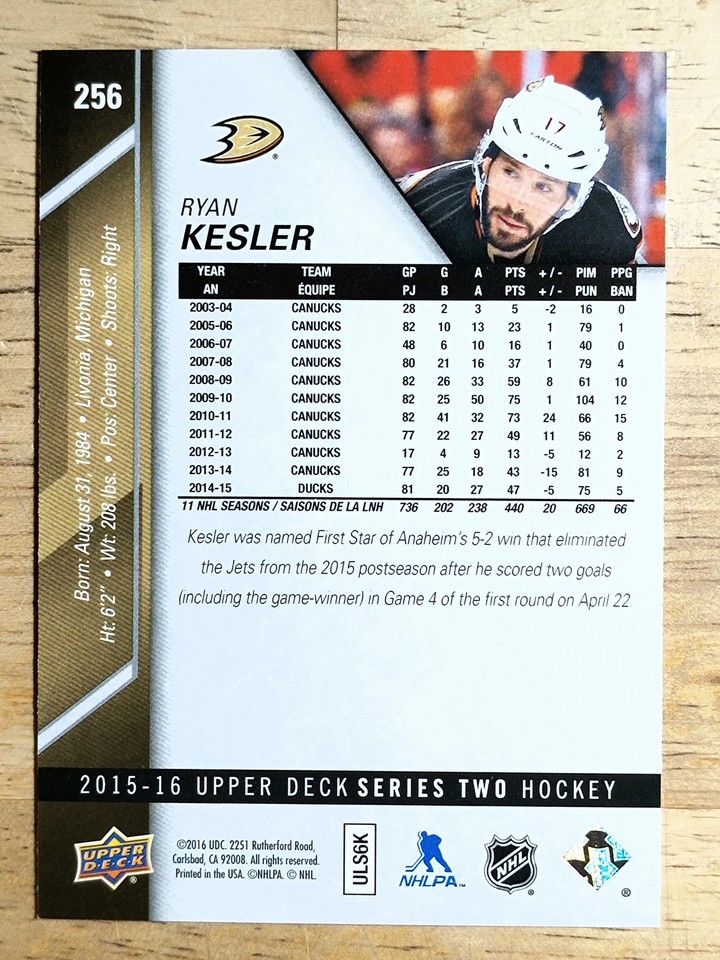 2015-16 Upper Deck #256 Ryan Kesler | eBay