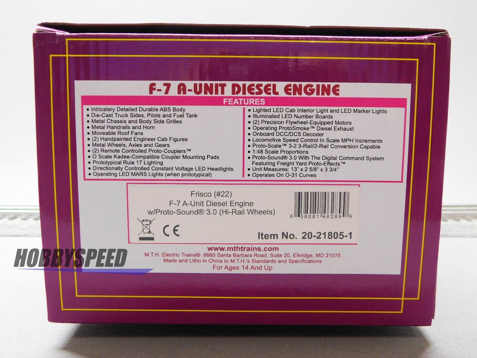 MTH PREMIER FRISCO F-7A DIESEL LOCOMOTIVE ENGINE #22 O GAUGE 20-21805-1 ...