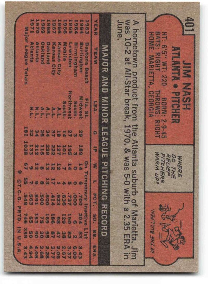 1972 Topps #401 Jim Nash NM++ Braves ID:276180 | eBay