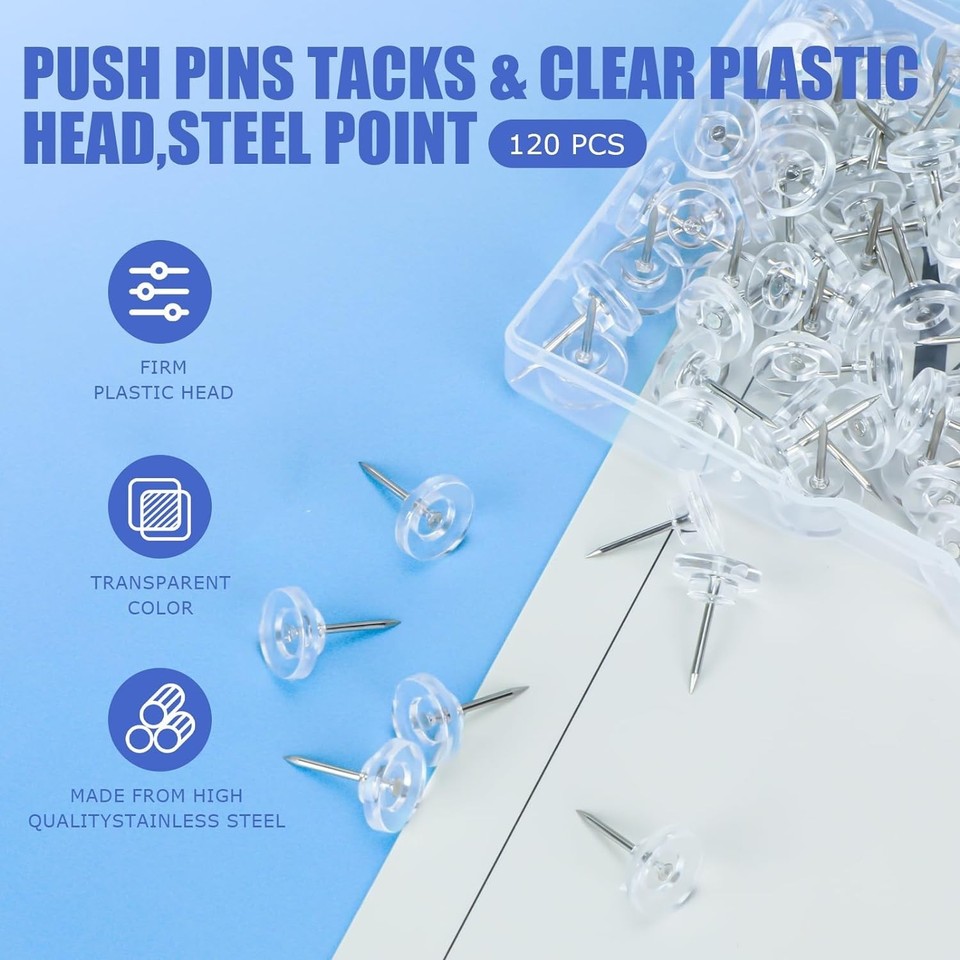 Versatile 120 Count Clear Push Pins - Ideal for Bulletin Boards & Home ...