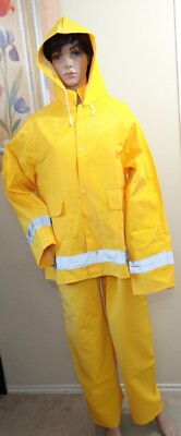 USED BRAZOS Work Force yellow polyvinyl Rainsuit hooded jacket & bib,M ...