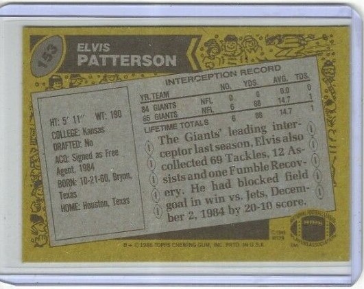 1986 Topps Football #153 Elvis Patterson New York Giants | eBay