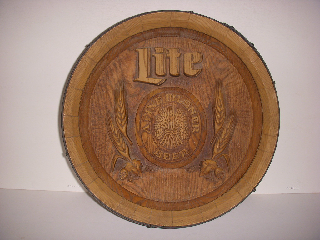 VINTAGE MILLER LITE A FINE PILSNER BEER BARREL END SIGN, 18" WIDE, 6 1/ ...