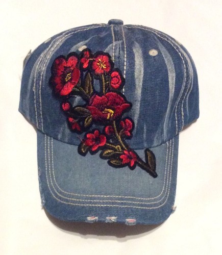 Baseball Cap Jeans Denim Ladies Hat Distressed with Applique Flowers | eBay