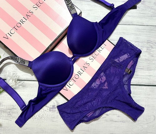 Victoria's Secret Shine Strap Smooth Push Up Bra Cheeky Set Purple ...
