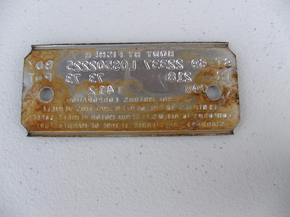 1969 Pontiac Firebird Body by Fisher Cowl Tag Plate Original Verdoro ...