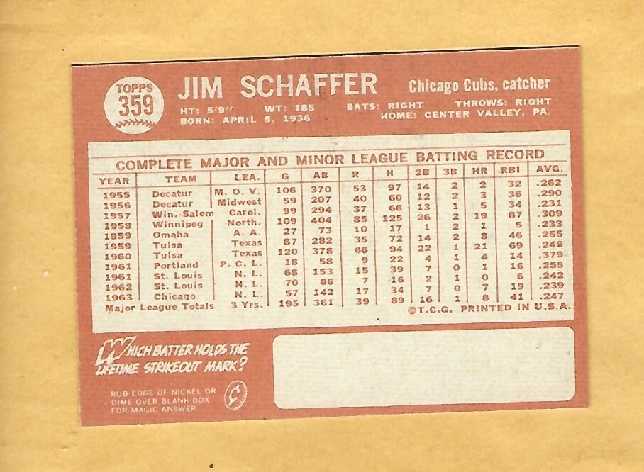 1964 topps set break # 359 JIM SCHAFFER chicago cubs catcher NM | eBay