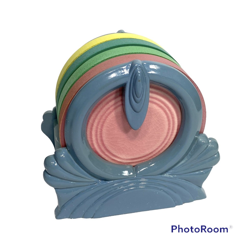 Fiesta Coaster Set 5 Pc Blue Wood with Ceramic Inserts by Copco New In ...