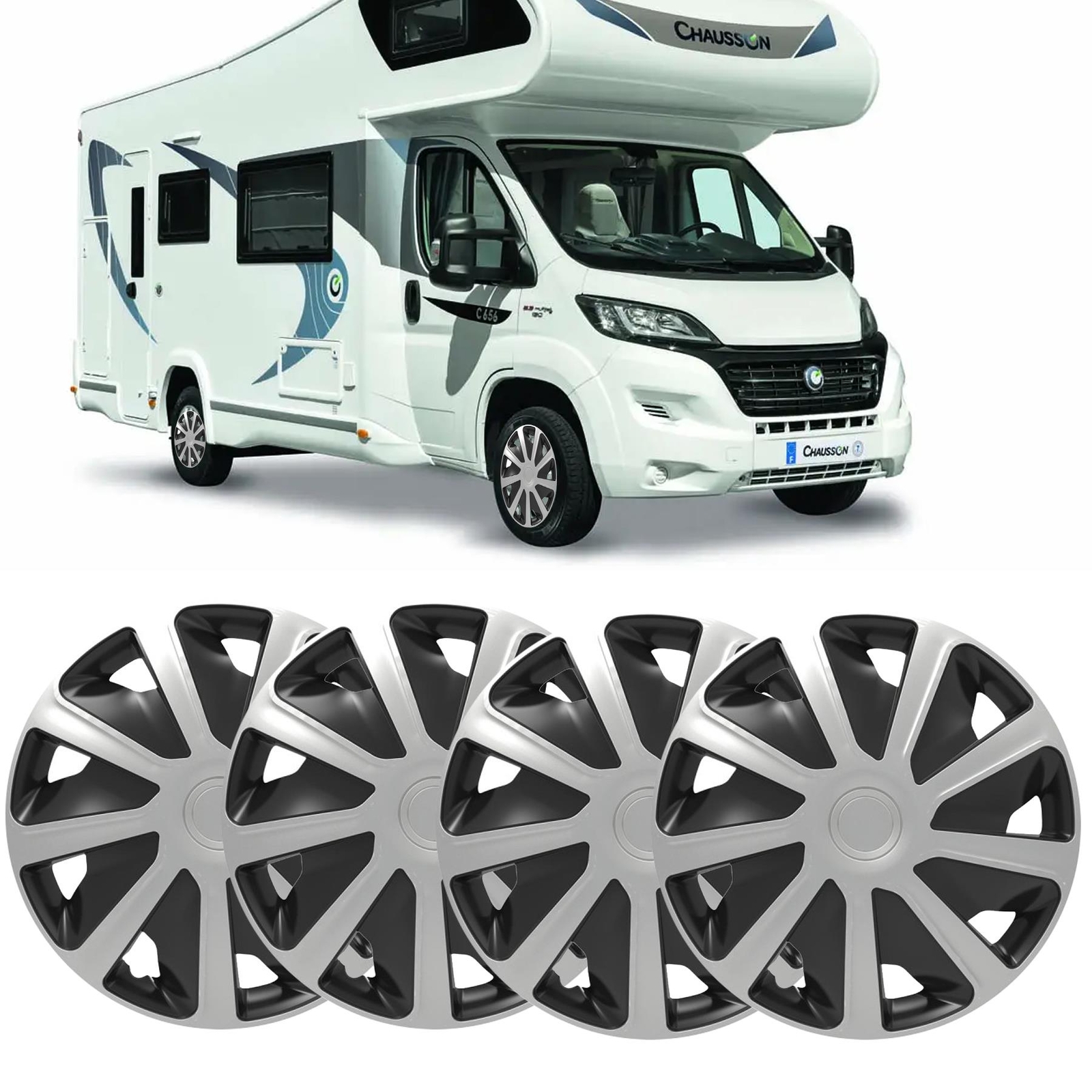 4 x 15" Alloy Look Black & Silver Wheel Trims Hub Caps for Motorhomes ...