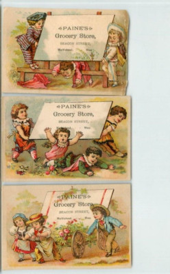 Set of 3 Victorian Trade Cards; Children Playing, Paine's Grocery ...