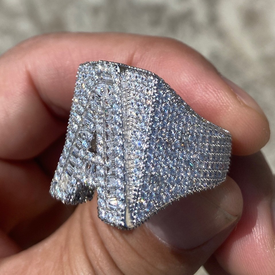 925 Sterling Silver Initial Block Letters Iced Baguette Flooded Out CZ ...