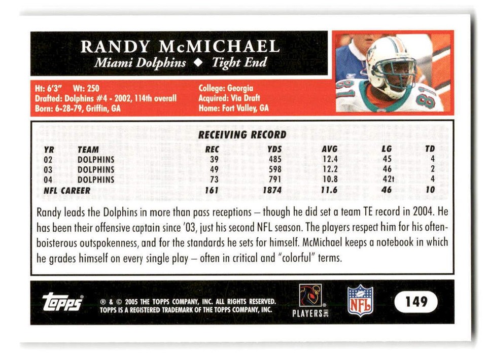 Randy McMichael 2005 Topps FOOTBALL #149 Miami Dolphins | eBay