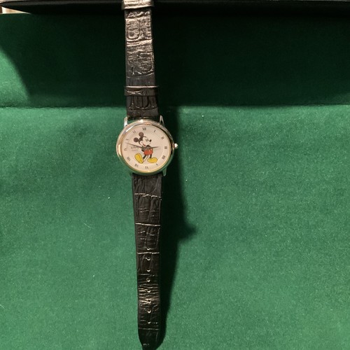 Vintage Disney Mickey Mouse Pulsar Quartz Watch Black Leather Band Mint ...