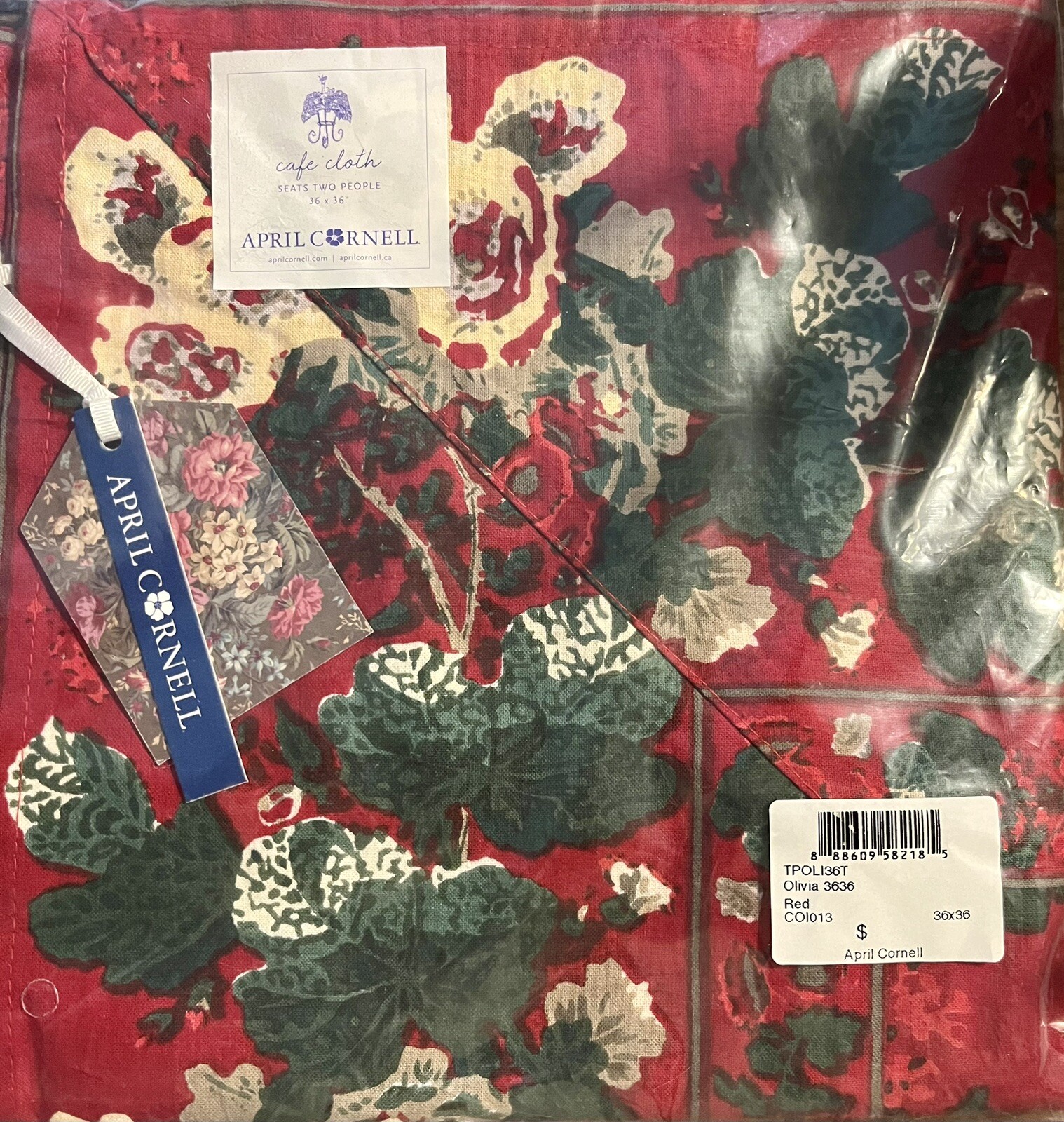 April Cornell Olivia Floral Tablecloth 36x36 Breakfast Cloth Red Green ...