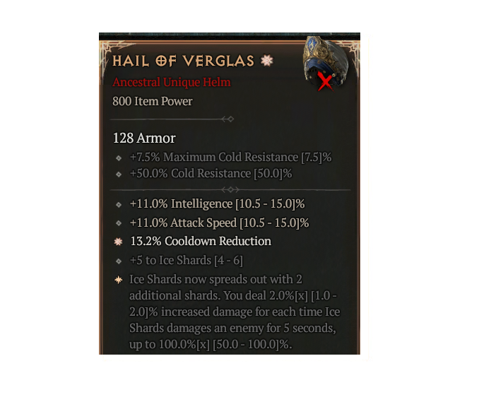 Diablo 4 Season8 Hail Of Verglas 1GA 2% Unique Helm Sorcerer Item ...