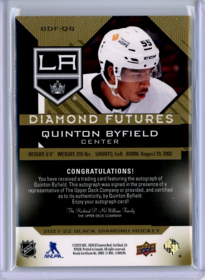 2021-22 Black Diamond Diamond Futures Autographs #QB Quinton Byfield RC ...