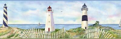 Wallpaper Border Coastal Lighthouse Portrait with Blue and Green Trim ...