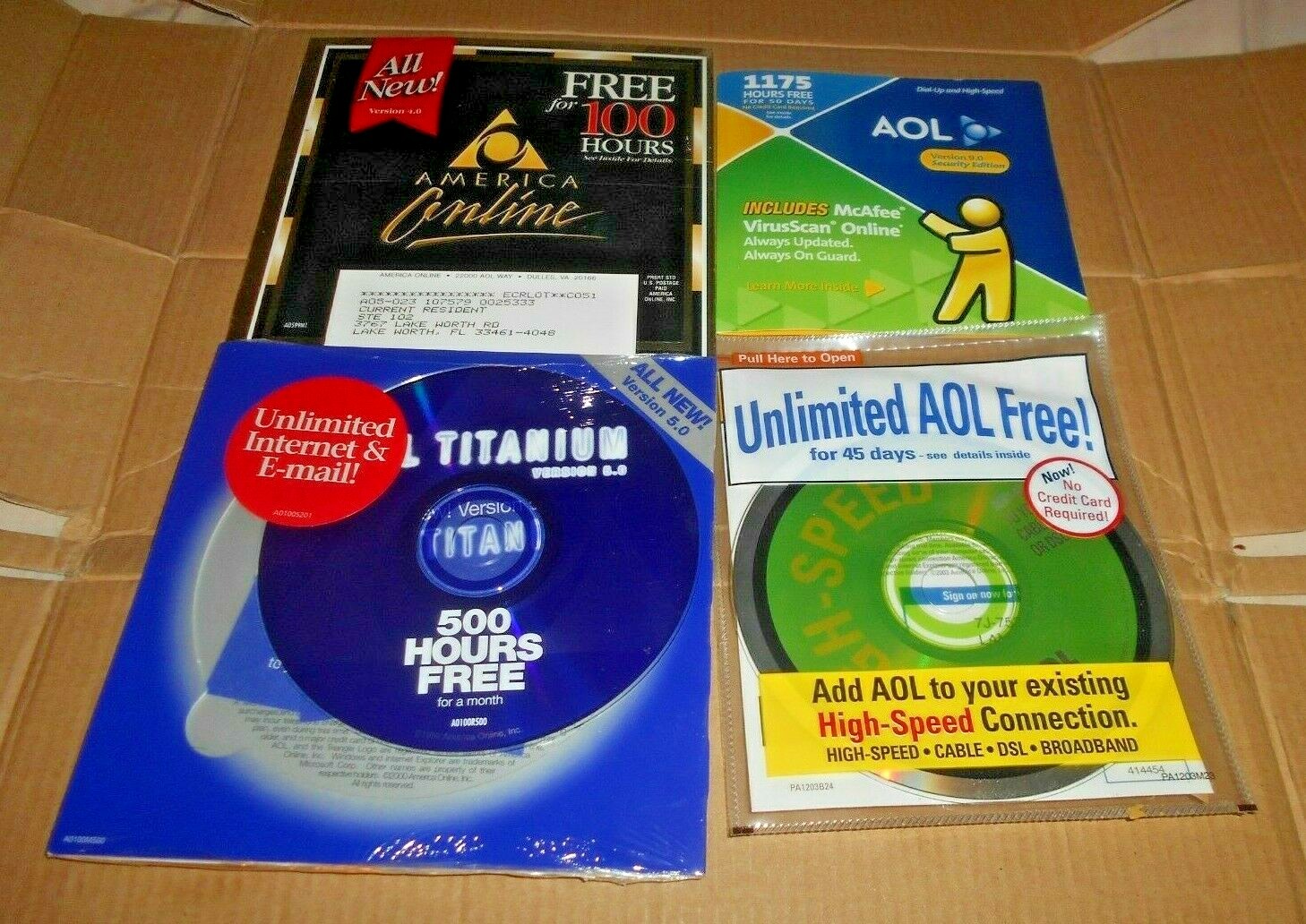 AOL Lot of 4 BRAND NEW SOFTWARE CDs AMERICA ONLINE 4.0 & 5.0 & 2 9.0 ...