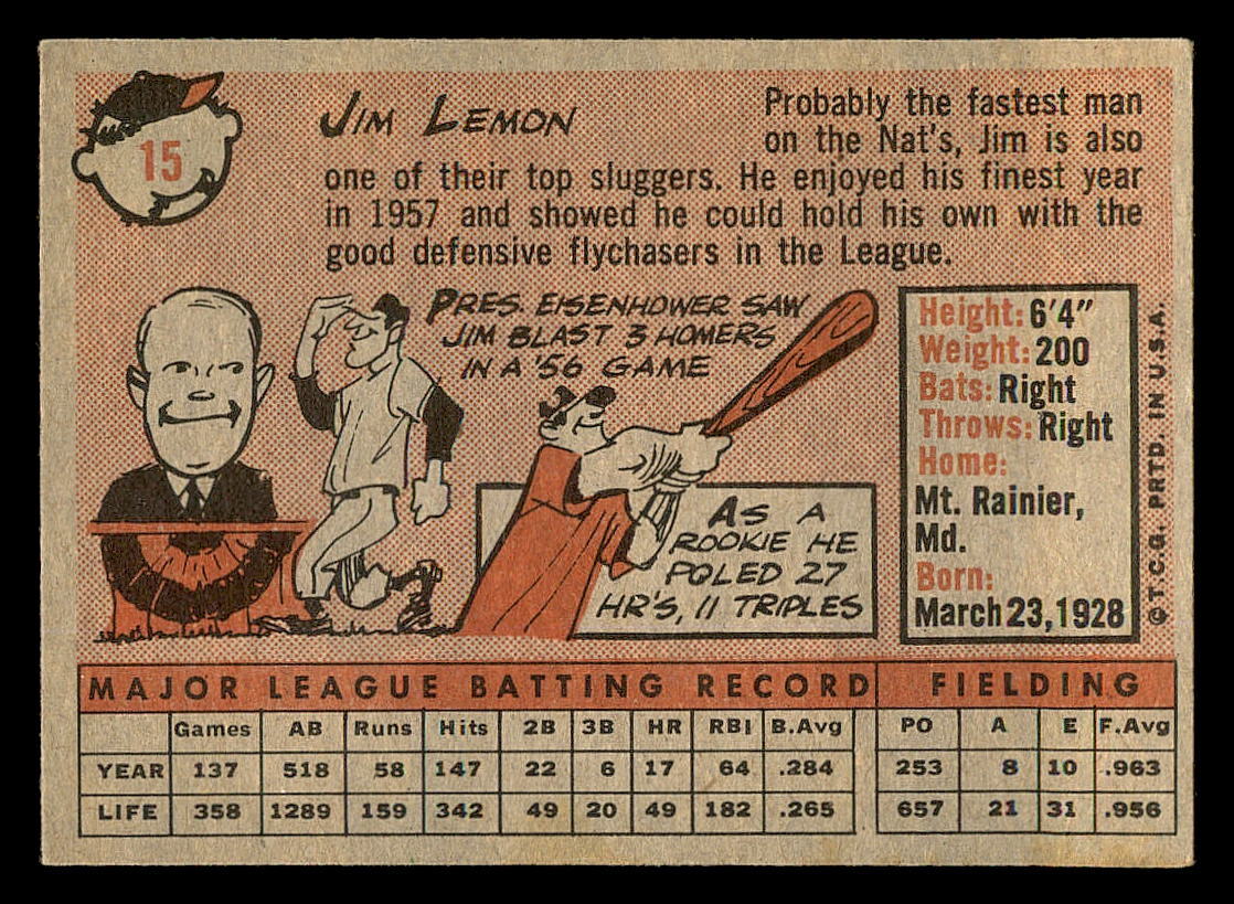 1958 Topps #15 Jim Lemon Scan of the card you'll receive Condition: EX ...