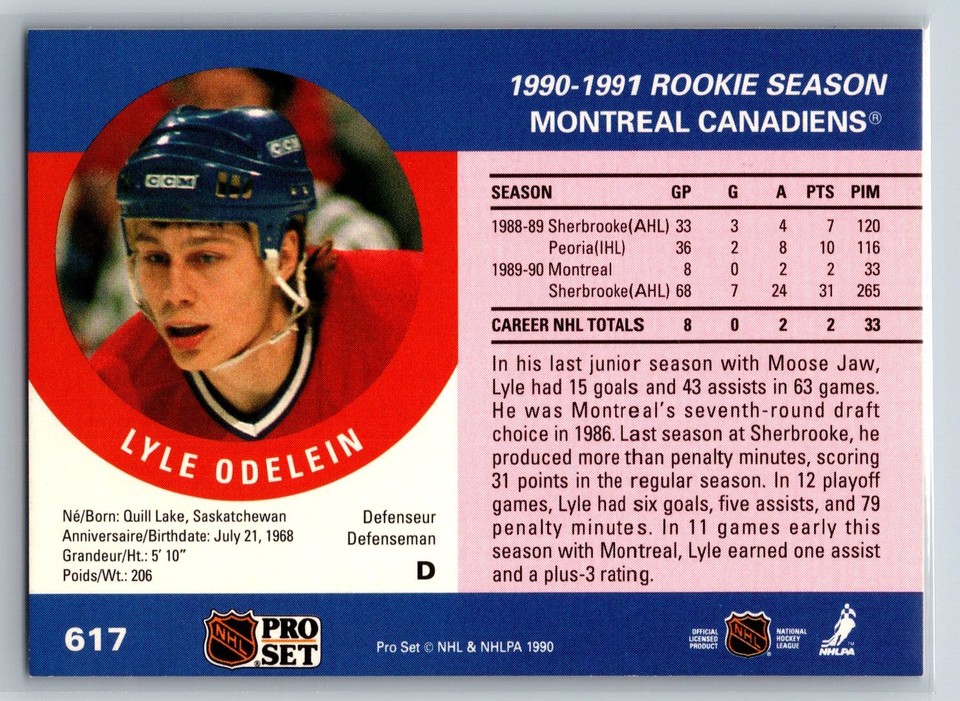 1990-91 NHL Pro Set Lyle Odelein Rookie Montreal Canadiens RC #617 | eBay