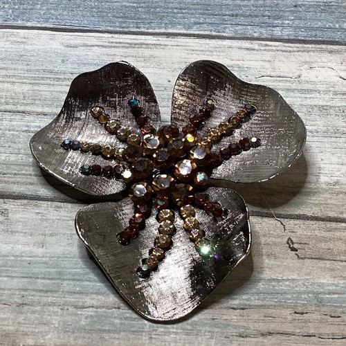 Erica Lyons Brooch pin Flower crystal beads Large silver tone Brown ...