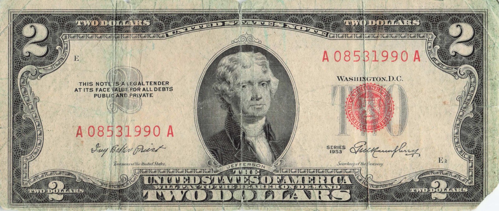 1990 fancy serial number red seal 1953 $2 bill A district A08531990A ...