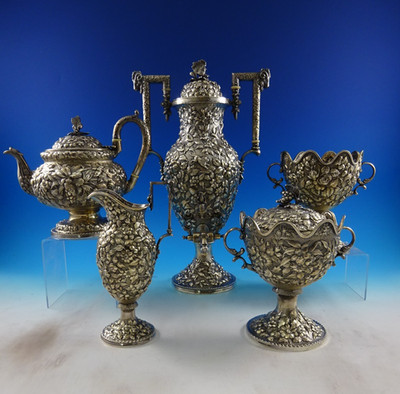 Repousse by AE Warner Coin Silver Tea Set 5 pc Samovar Birds Monkey ...