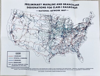 1976 Mainline Branchline Class I Railroads Chart National Network Map ...